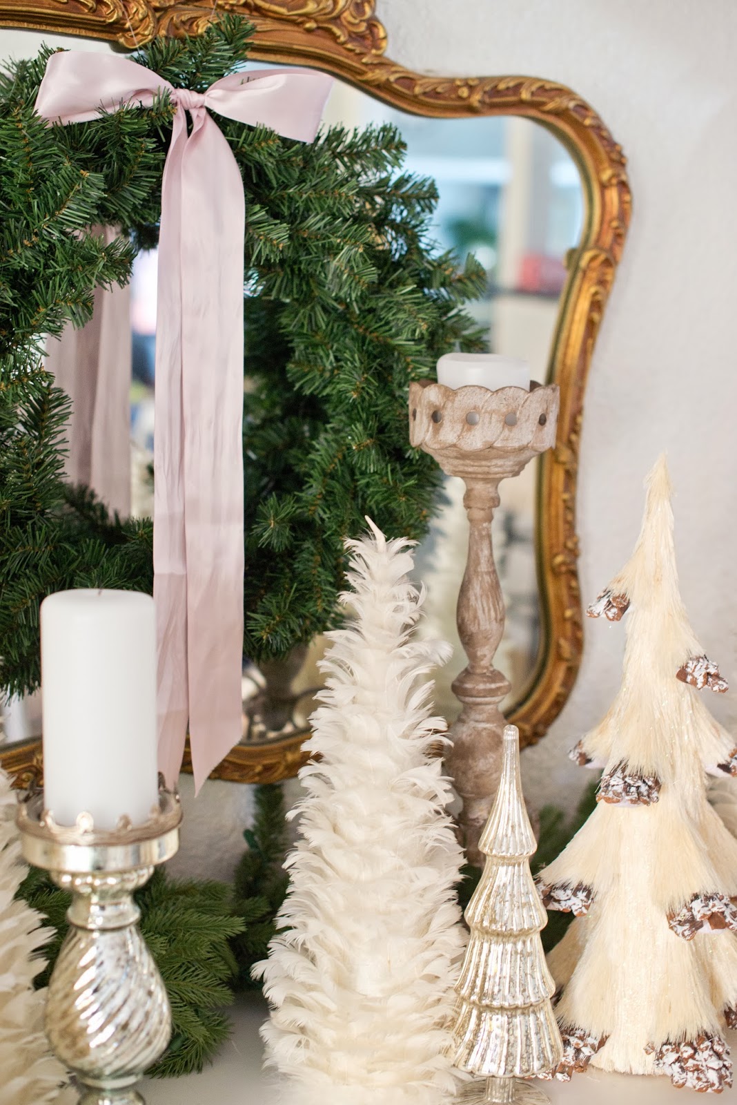 Domestic Fashionista: White Tree Christmas Mantel Display