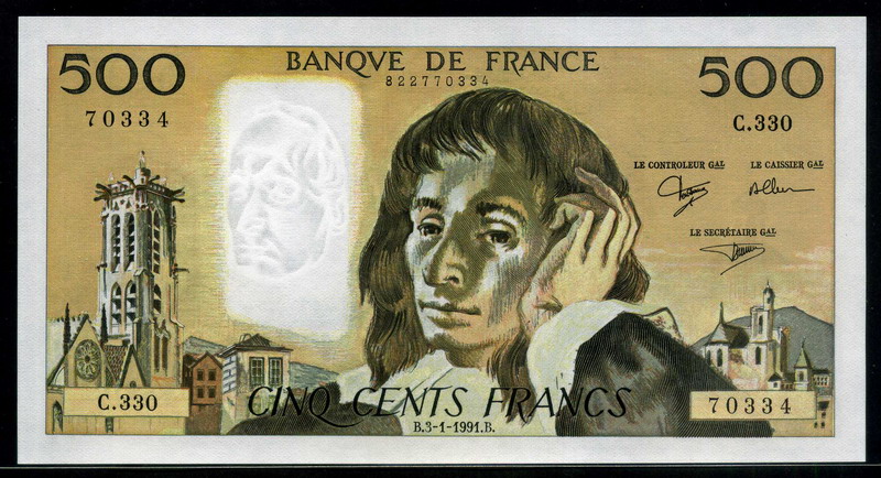 France money 500 French Francs banknote 1991 Blaise Pascal|World ...