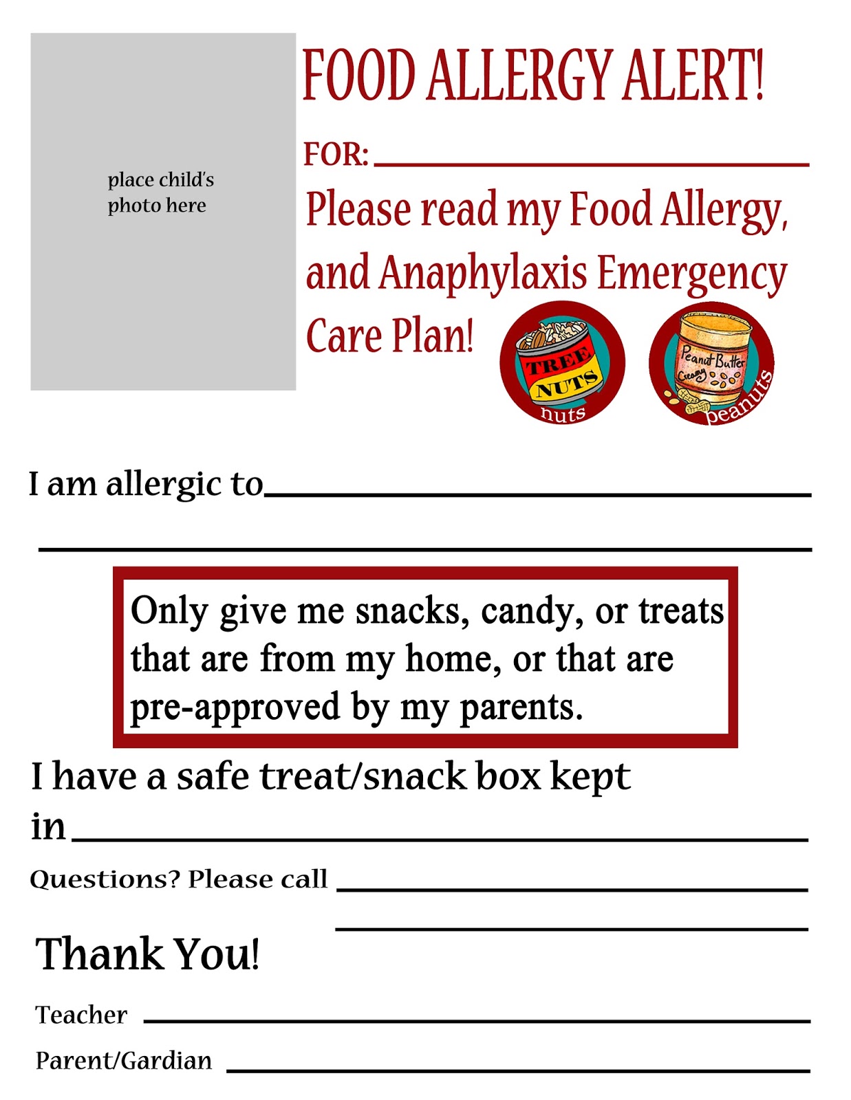 Thriving With Allergies: Substitute Teacher Handouts for Kids with Food ...