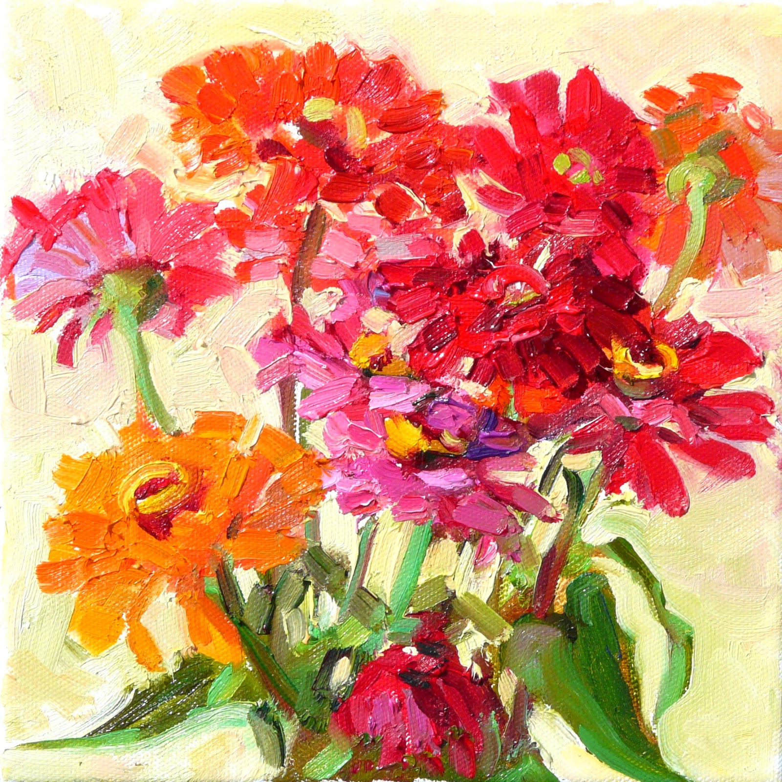 Art Every Day : Garden Zinnias,still life,oil painting,6x6,price$275