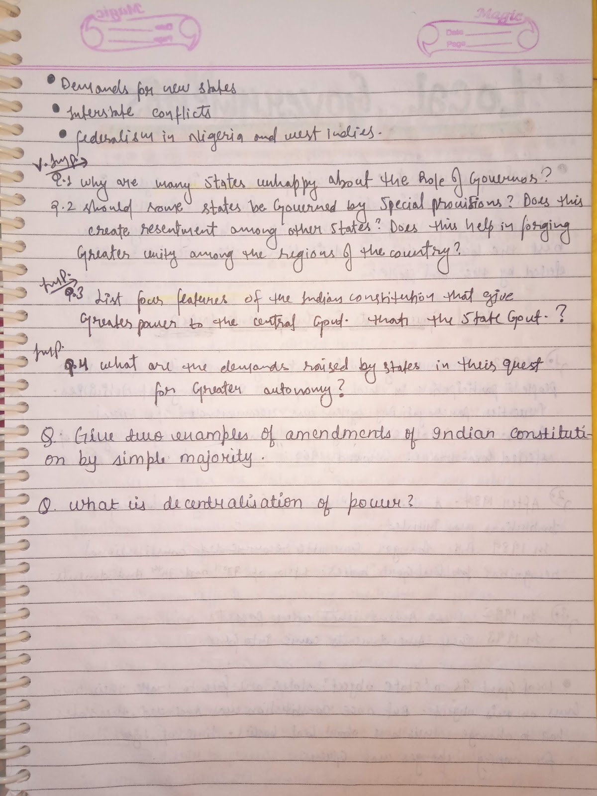 Handwritten Notes of FEDERALISM - Political Science - Class 11th ...