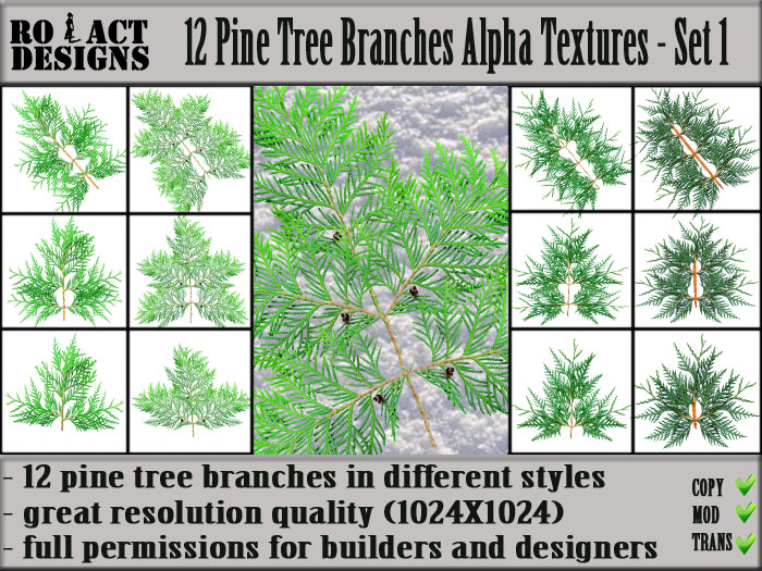 Ro!Act Designs: ..::RO!ACT::..DESIGNS 12 Pine Tree Branches Alphas Set 1