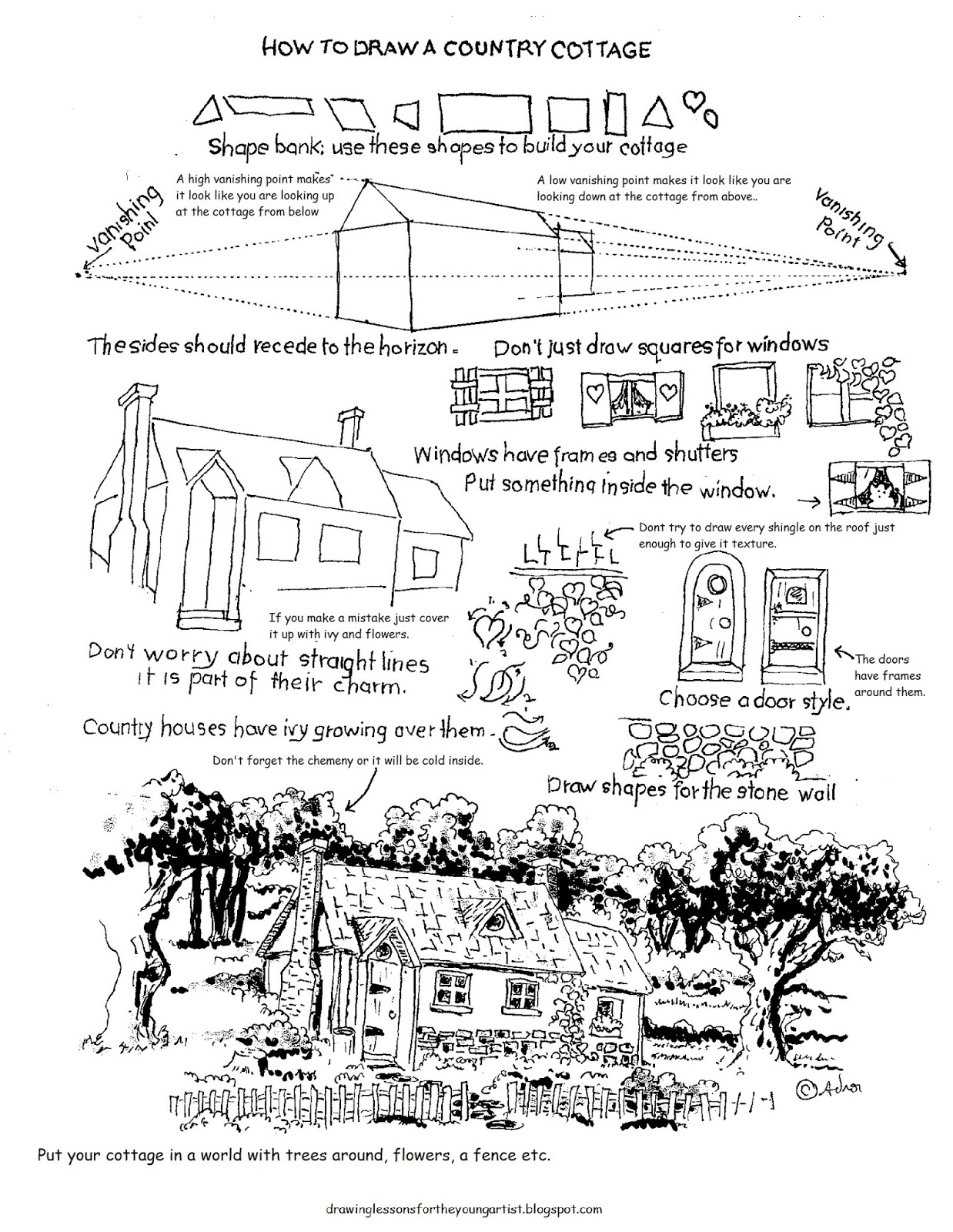 How to Draw Worksheets for The Young Artist: How to draw a country cottage