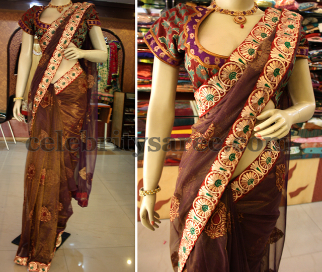 Golden Purple Net Saree - Saree Blouse Patterns