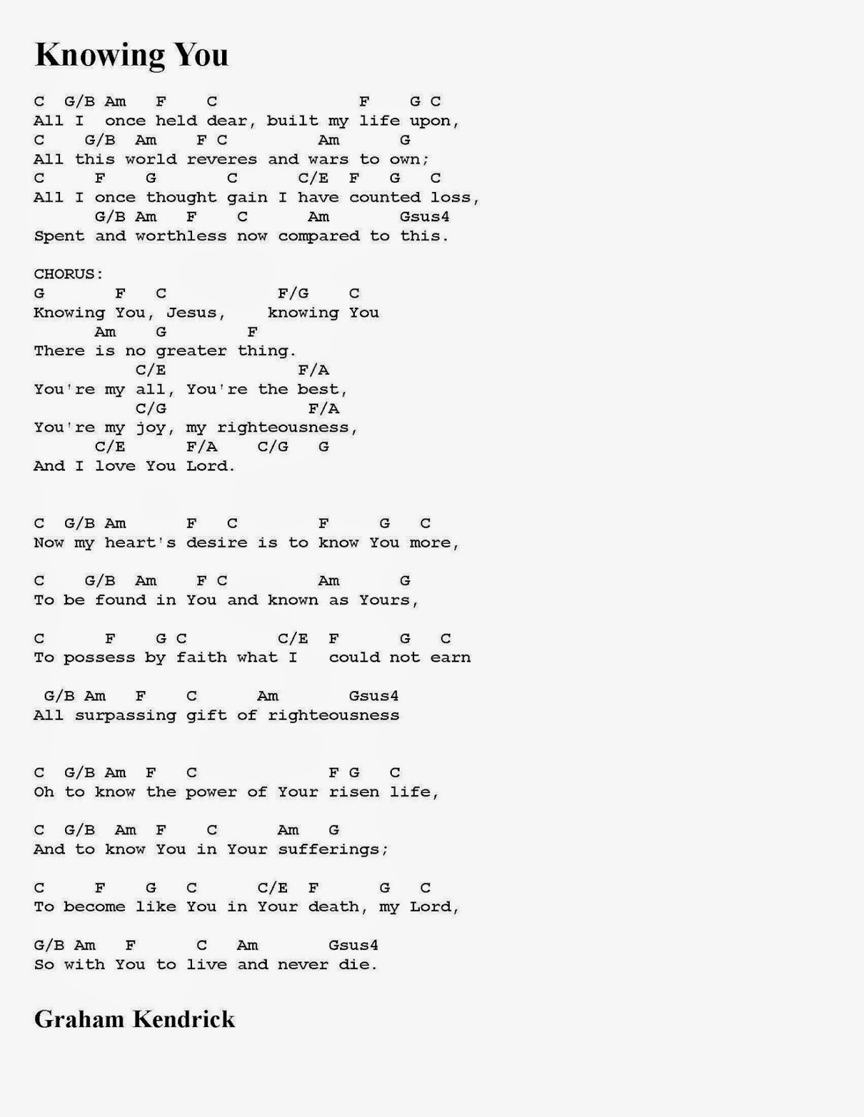 Worship Lead Sheets: Knowing You, Jesus - Graham Kendrick