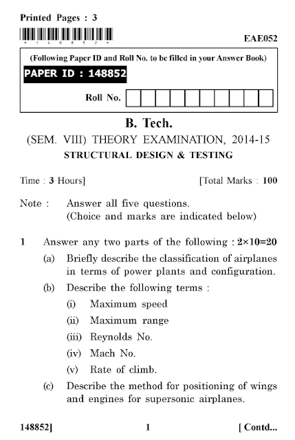 AKTU B.Tech Structural Design and Testing 2015 Question Paper ...