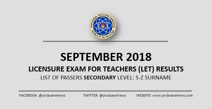 S-Z List of Passers Secondary: September 2018 LET board exam result ...