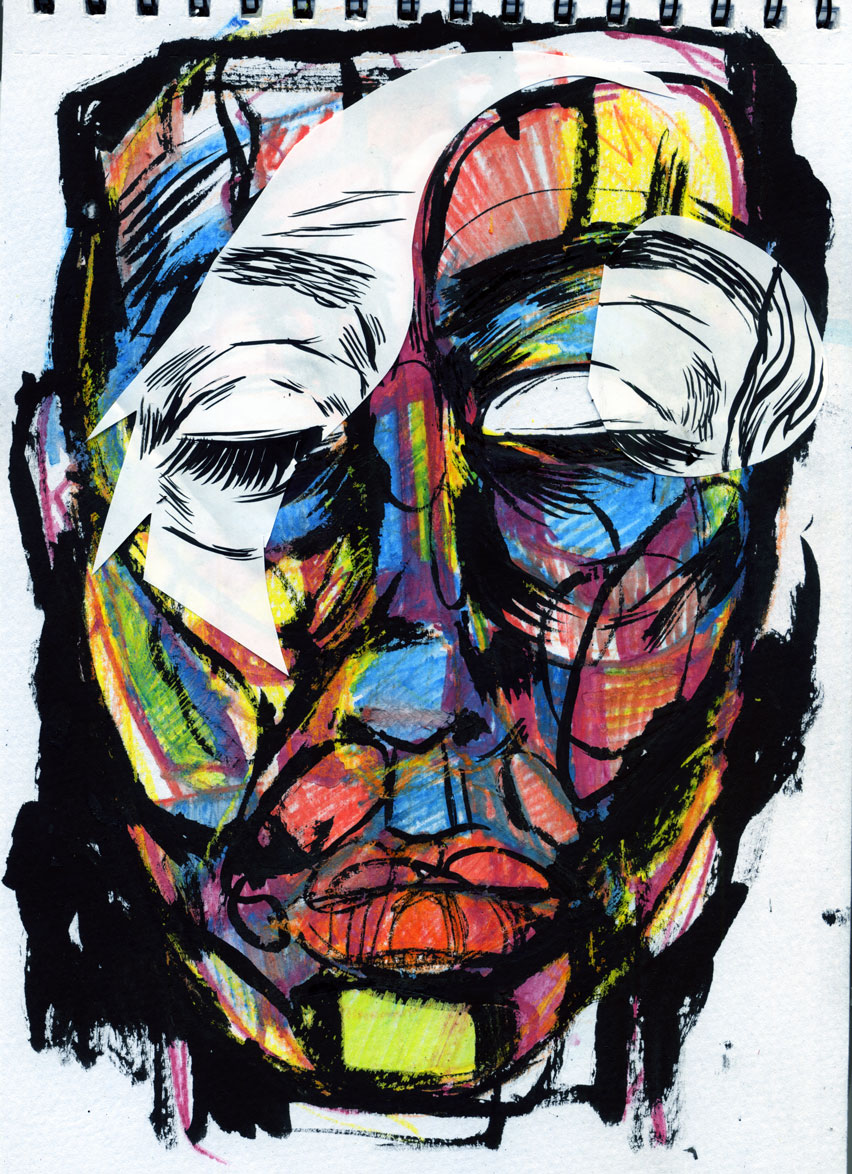 MC drawn: face — sketch: watercolour pencils, crayons, ink and brush