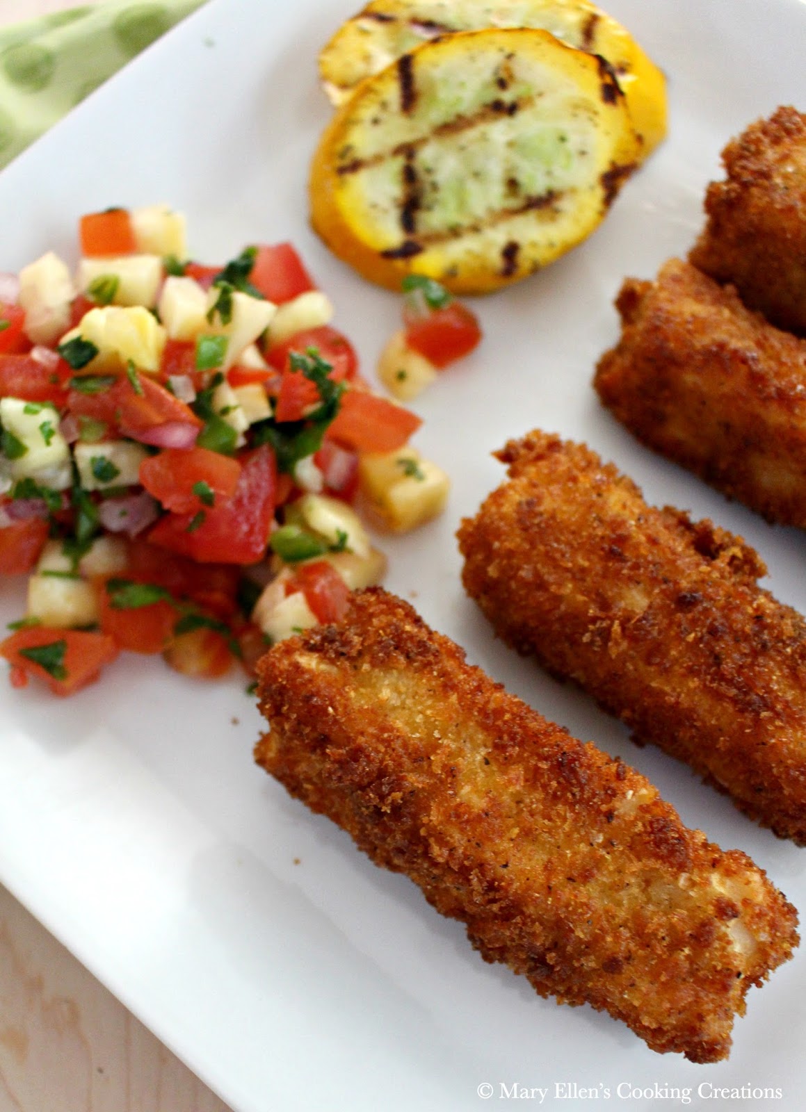 Mary Ellen's Cooking Creations: Crispy Fish Sticks with Pineapple Salsa
