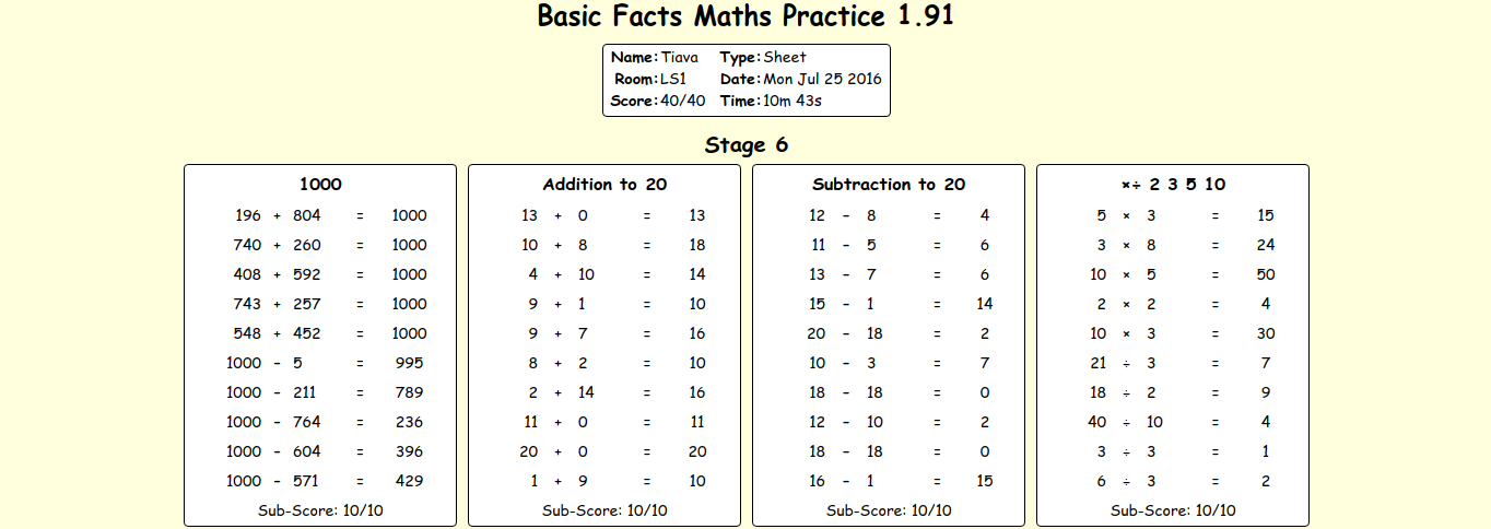 Tiava l: Basic Facts Maths Practice 1.91 - Stage 6 - Prototec