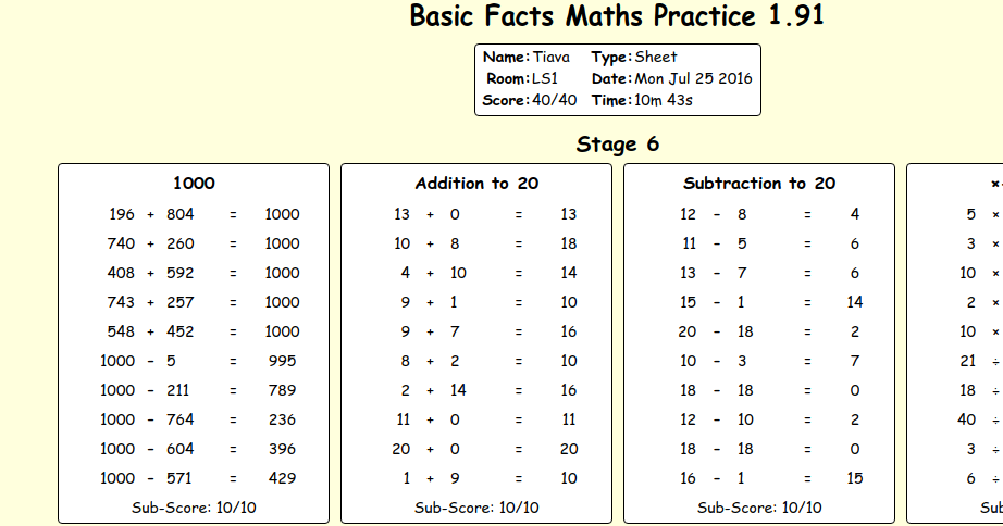 Tiava l: Basic Facts Maths Practice 1.91 - Stage 6 - Prototec