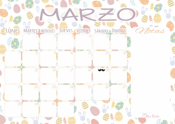 Imprimible: Calendario de Marzo 2016 - Niña Bonita