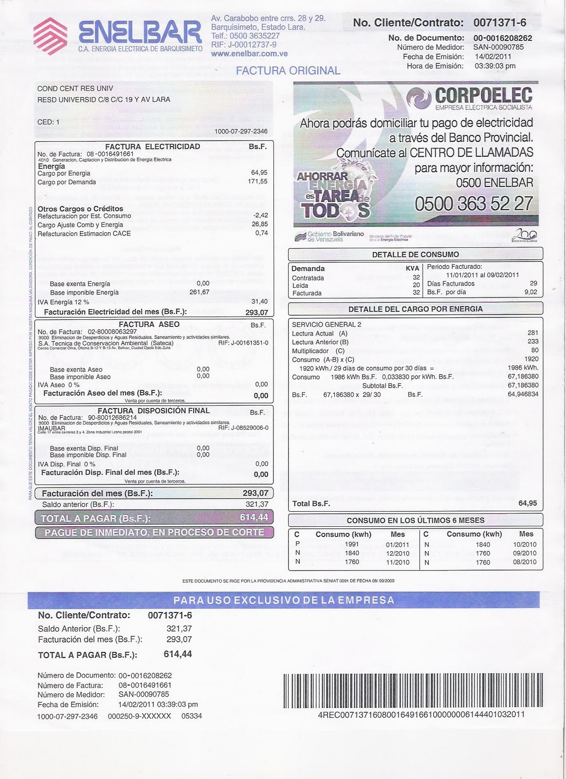 CONDOMINIO EDIFICIO CENTRO RESIDENCIAL UNIVERSIDAD: FACTURAS SERVICIOS ...