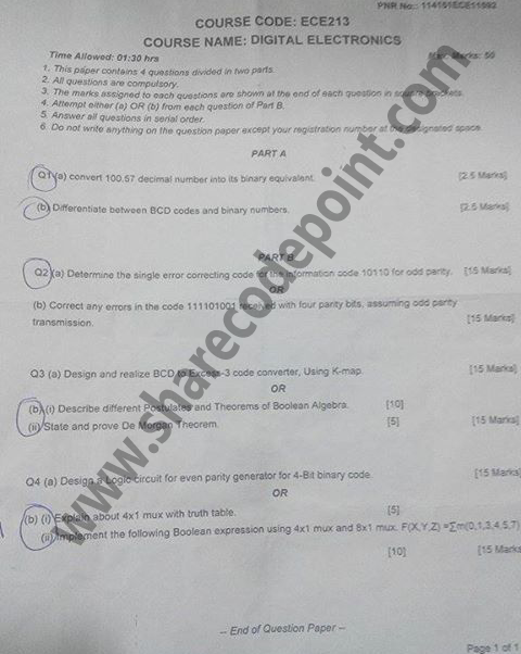 ECE213 : Digital Electronics Mid Term Exam Question Paper