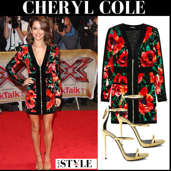 Cheryl Cole in floral print zipper mini dress and gold sandals at X ...