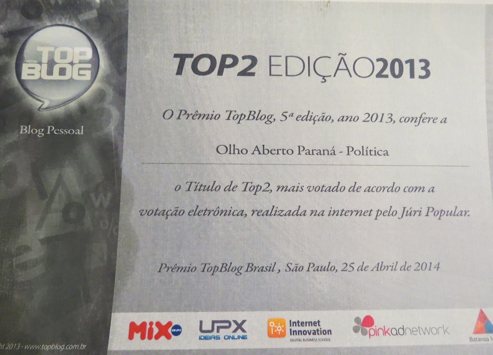 Olho Aberto Paraná: Olho Aberto Paraná é Top 2 do Brasil!!!