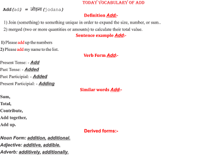 Today Vocabulary Add | Definition Add | Sentence example Add | Verb ...