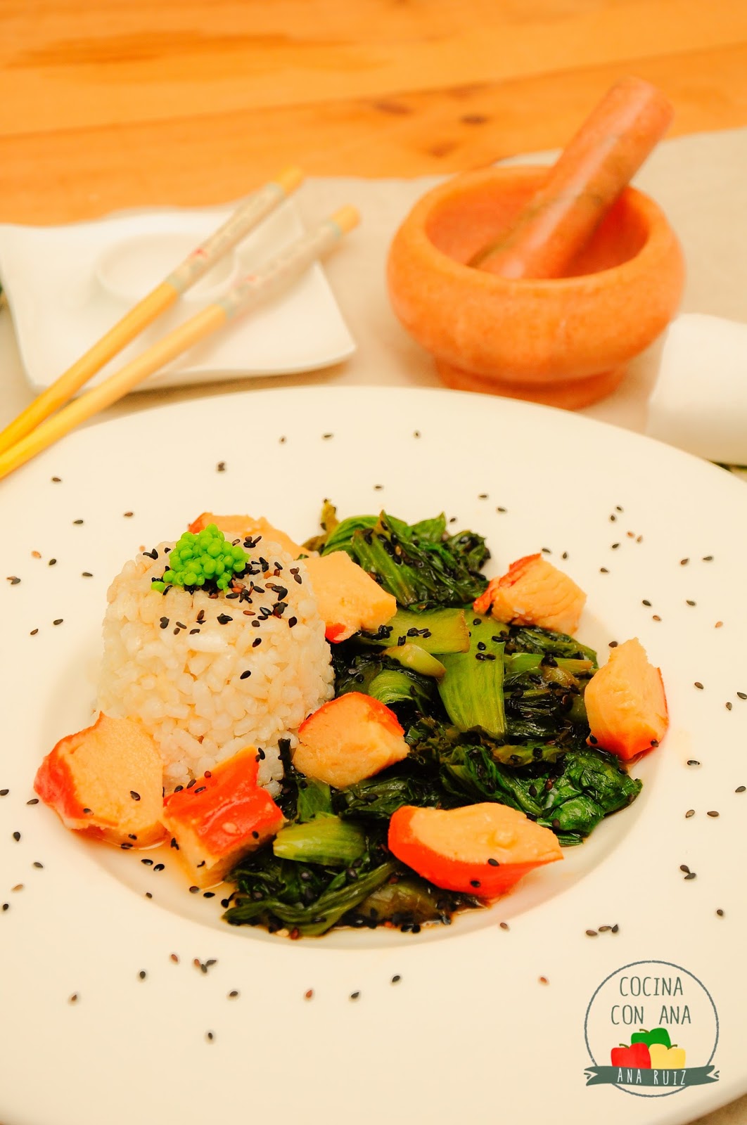 PAK CHOI AL VAPOR, CON ARROZ Y CANGREJO EN ACEITE DE OLIVA - Cocina con Ana