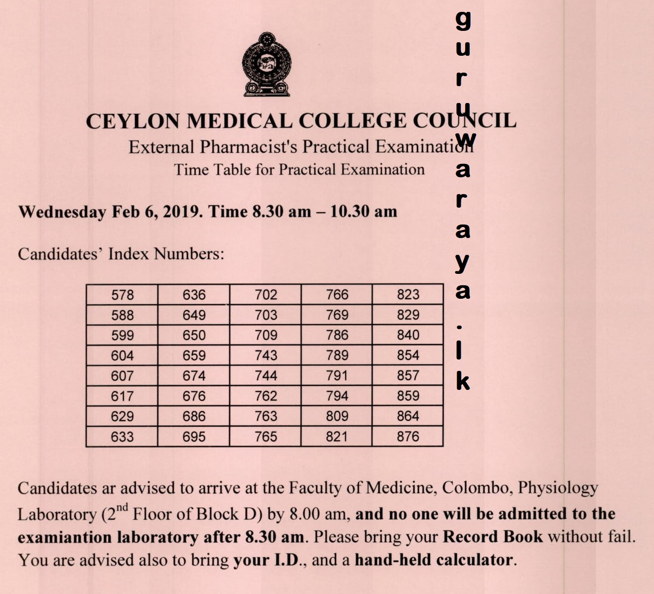 Time Table : External Pharmacist Practical exam - Teacher