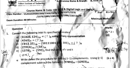 DIGITAL LOGIC AND DESIGN (CSE1003) QUESTION PAPERS [CAT 1| CAT 2 | FAT] VIT