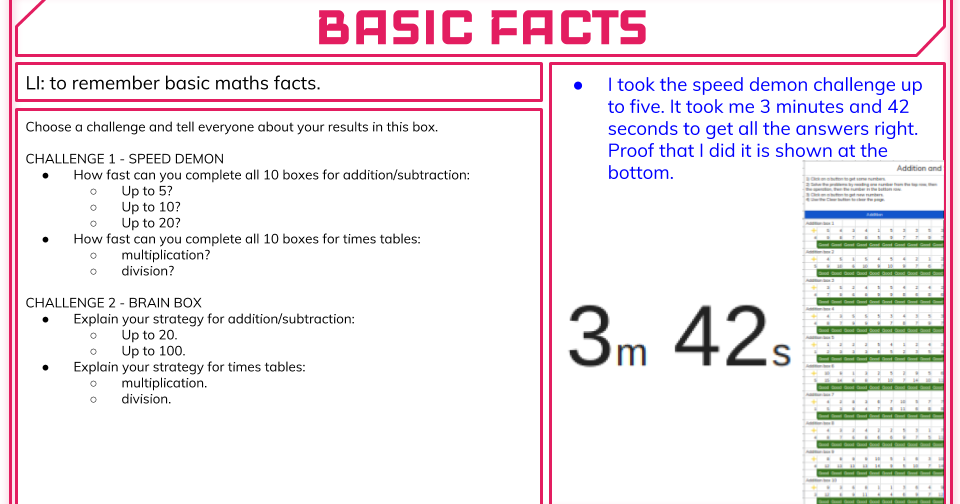 Andrew @ Panmure Bridge School : Basic Fact Boxes