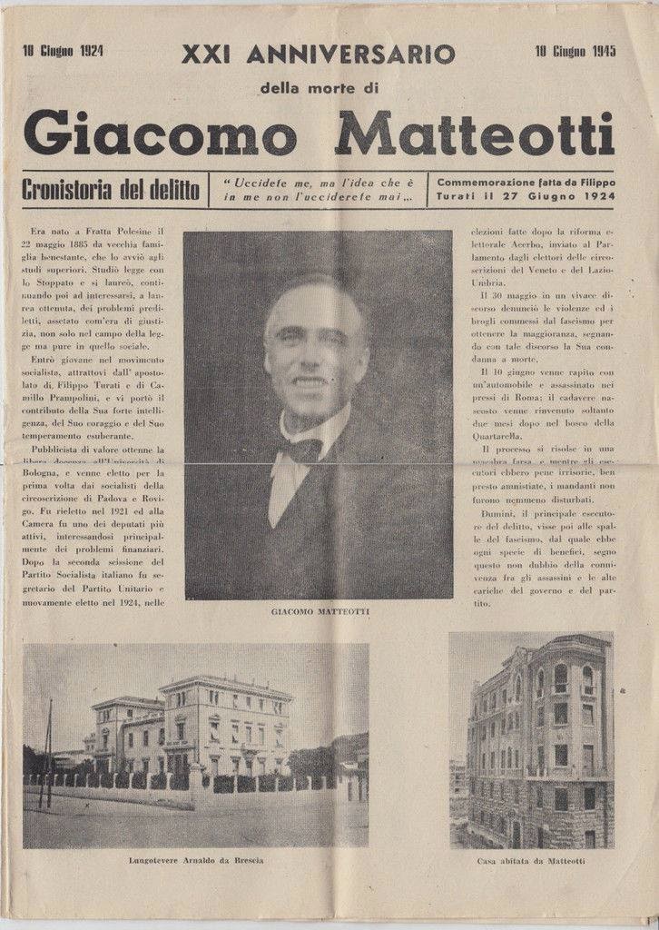 Documenti della Storia: XXI Anniversario della morte di Giacomo Matteotti