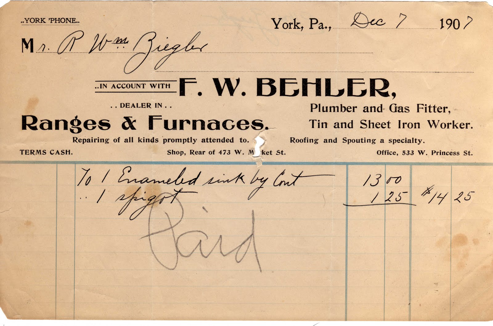 Papergreat: An old receipt from F.W. Behler