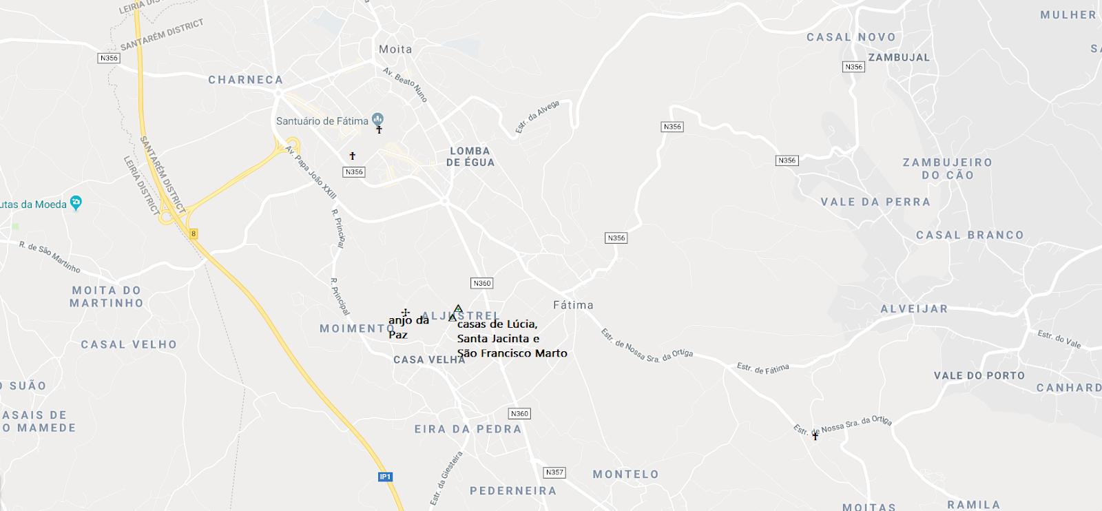Mapa dos locais das aparições de Fátima