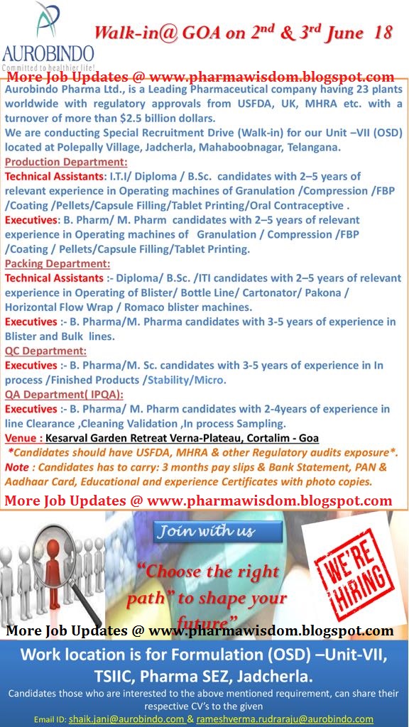 AUROBINDO PHARMA LTD - Walk-In Interviews for Multiple Positions on 2nd ...