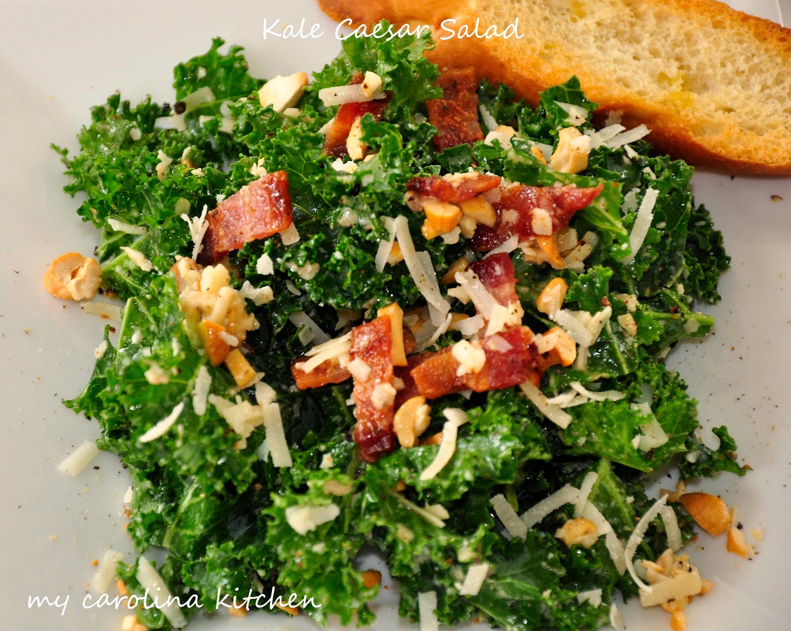 My Carolina Kitchen: Kale Caesar Salad with Smoky Bacon and Cashews - A ...