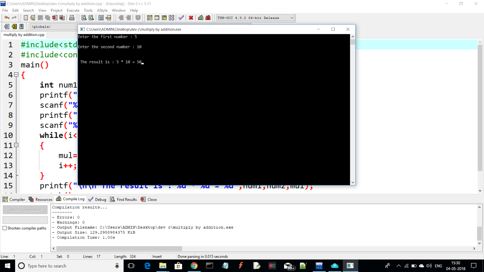 C- Program of Multiplication of two numbers using Addition method