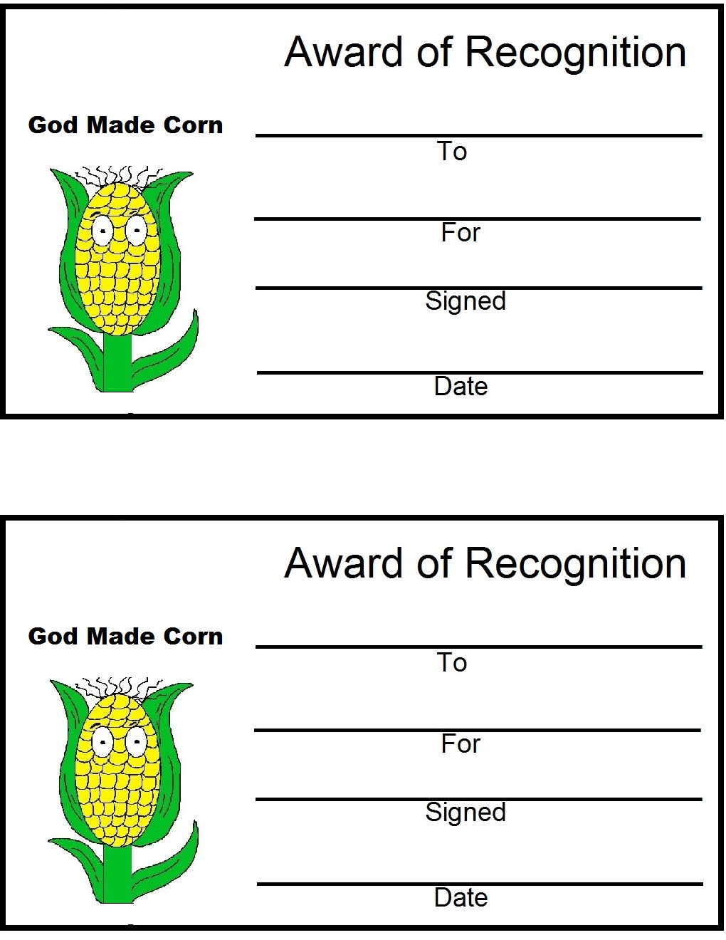 Church House Collection Blog: God Made Corn Award Certificates