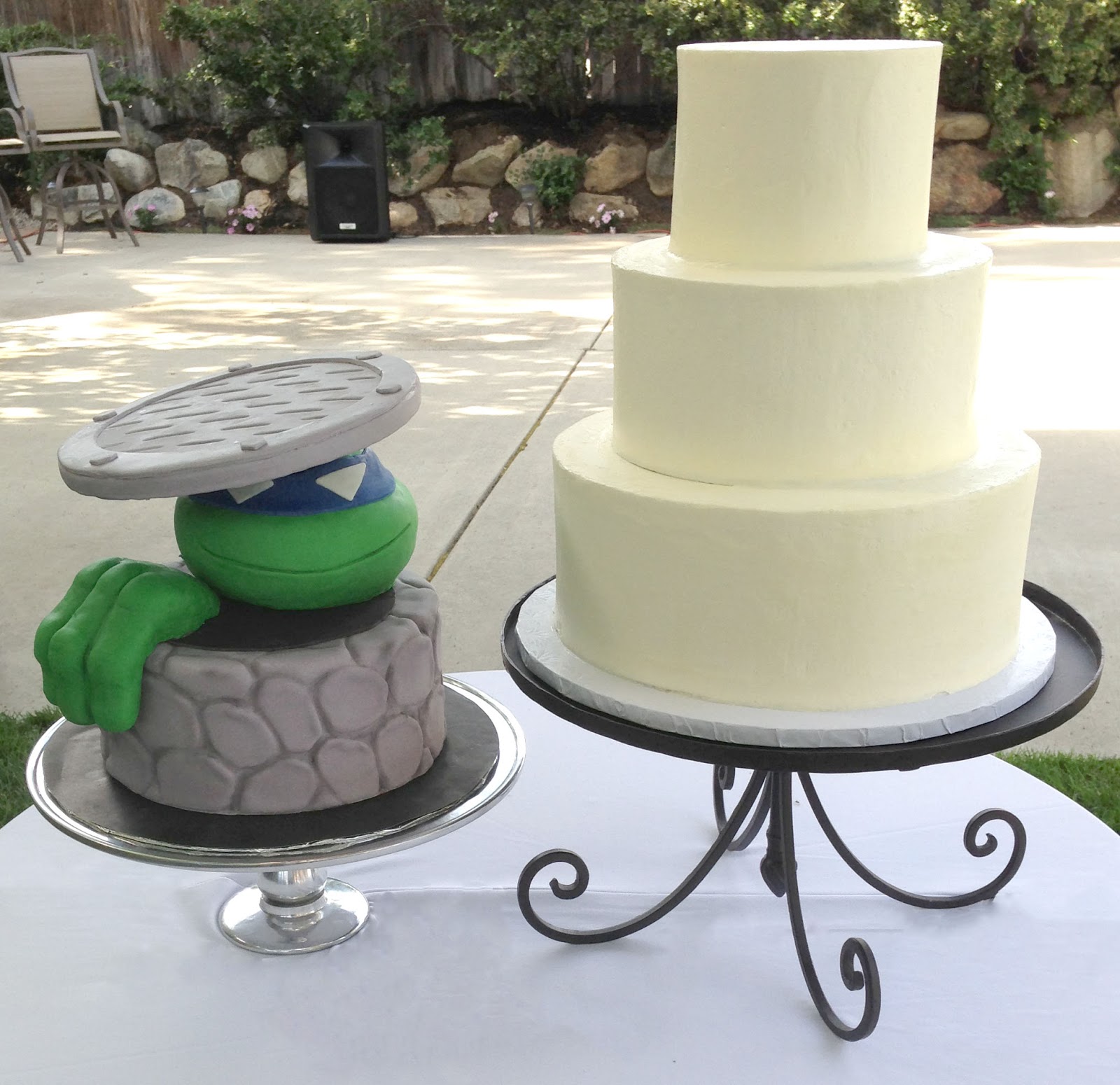 The Cake Market: White Wedding Cake and Ninja Turtle Groom's Cake