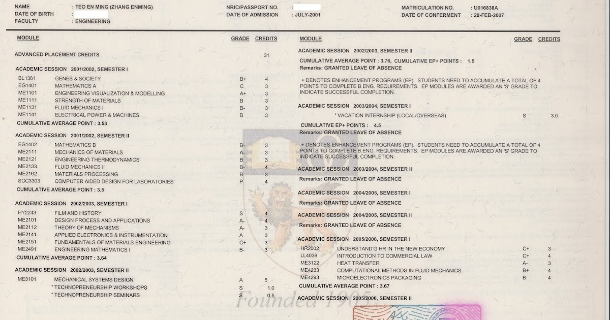NUS Academic Transcript Page 1 of 2