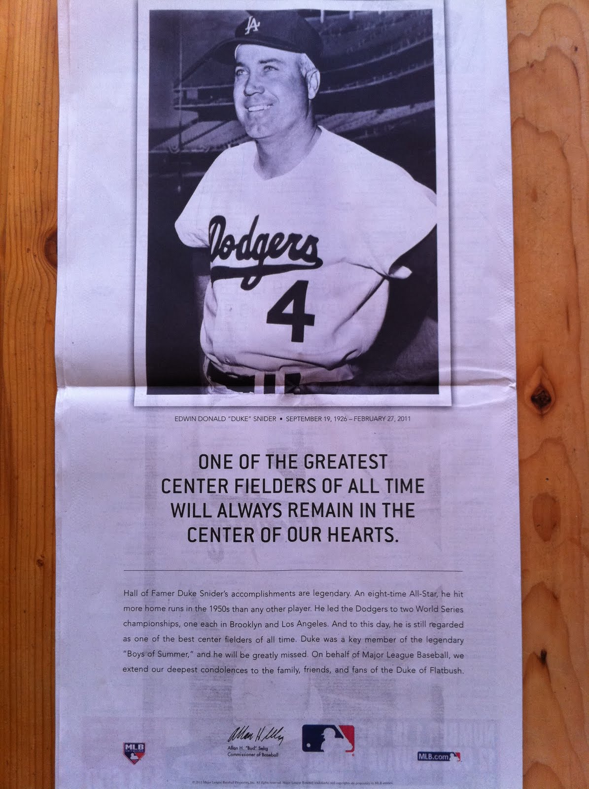 Sons of Steve Garvey: MLB Takes Out Duke Snider Memorial Newspaper Ad