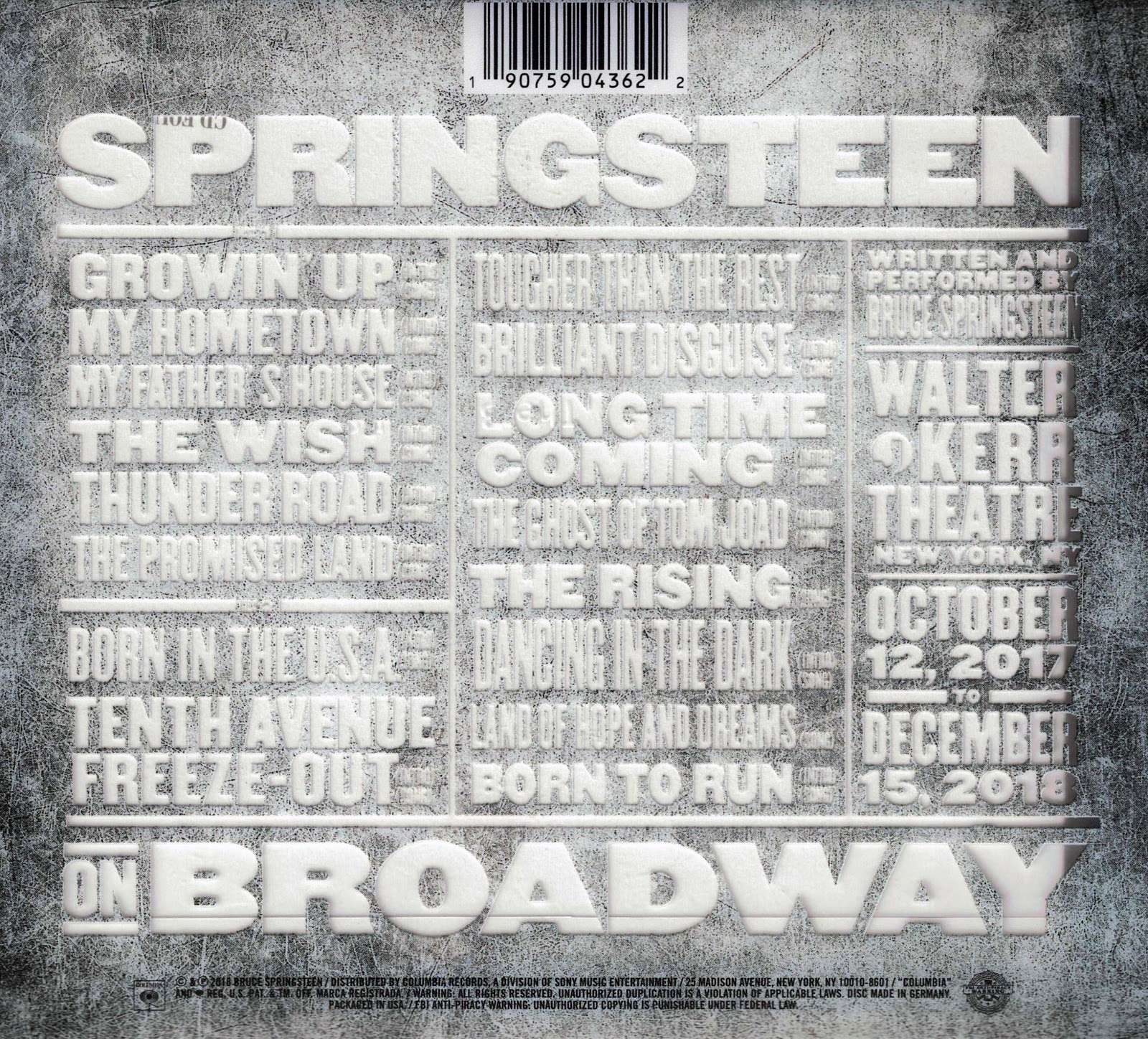 2018 Springsteen On Broadway - Bruce Springsteen - Rockronología