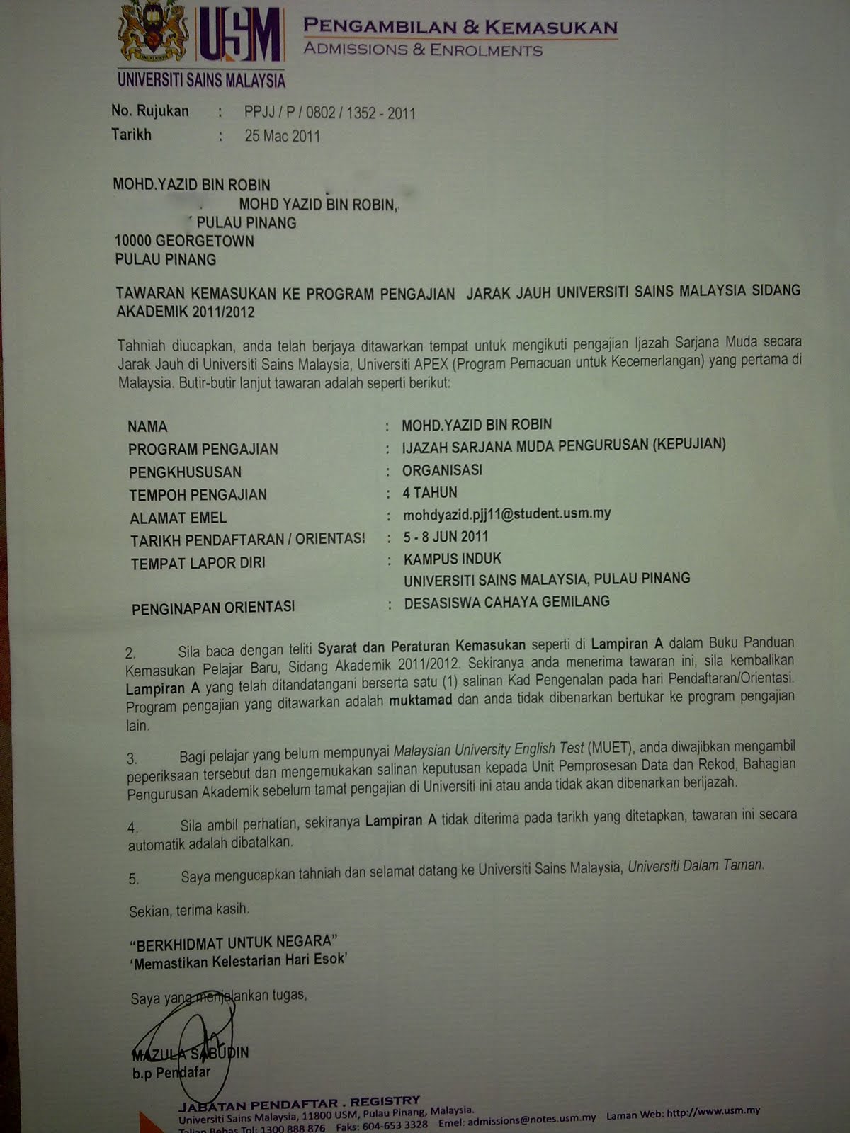 Kepimpinan Melalui Keteladanan: surat tawaran USM....