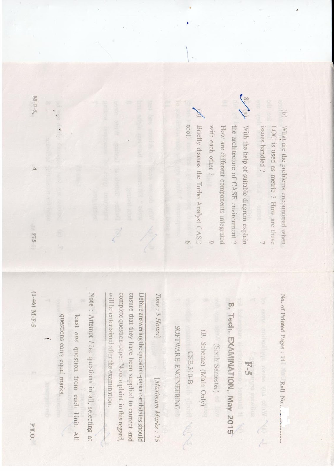 Software Engineering Question Paper CSE-310-B - B.Tech CSE