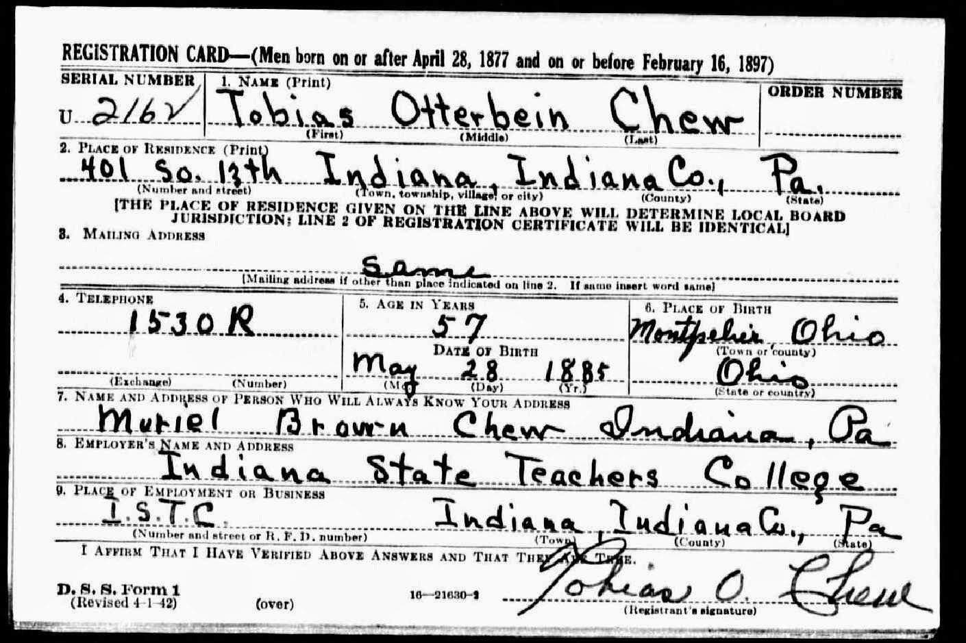 Military Monday : Tobias Otterbein Chew, World War II Draft ...