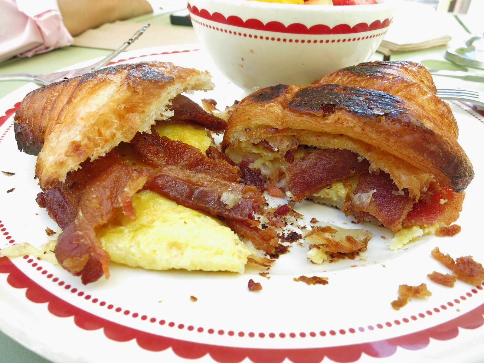 pieces of m: Bacon Egg Cheese Croissant Sandwich + Fruit! [FOOD]