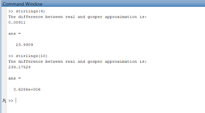 Factorial of a number using Stirling's(Gosper) Approximation using Matlab