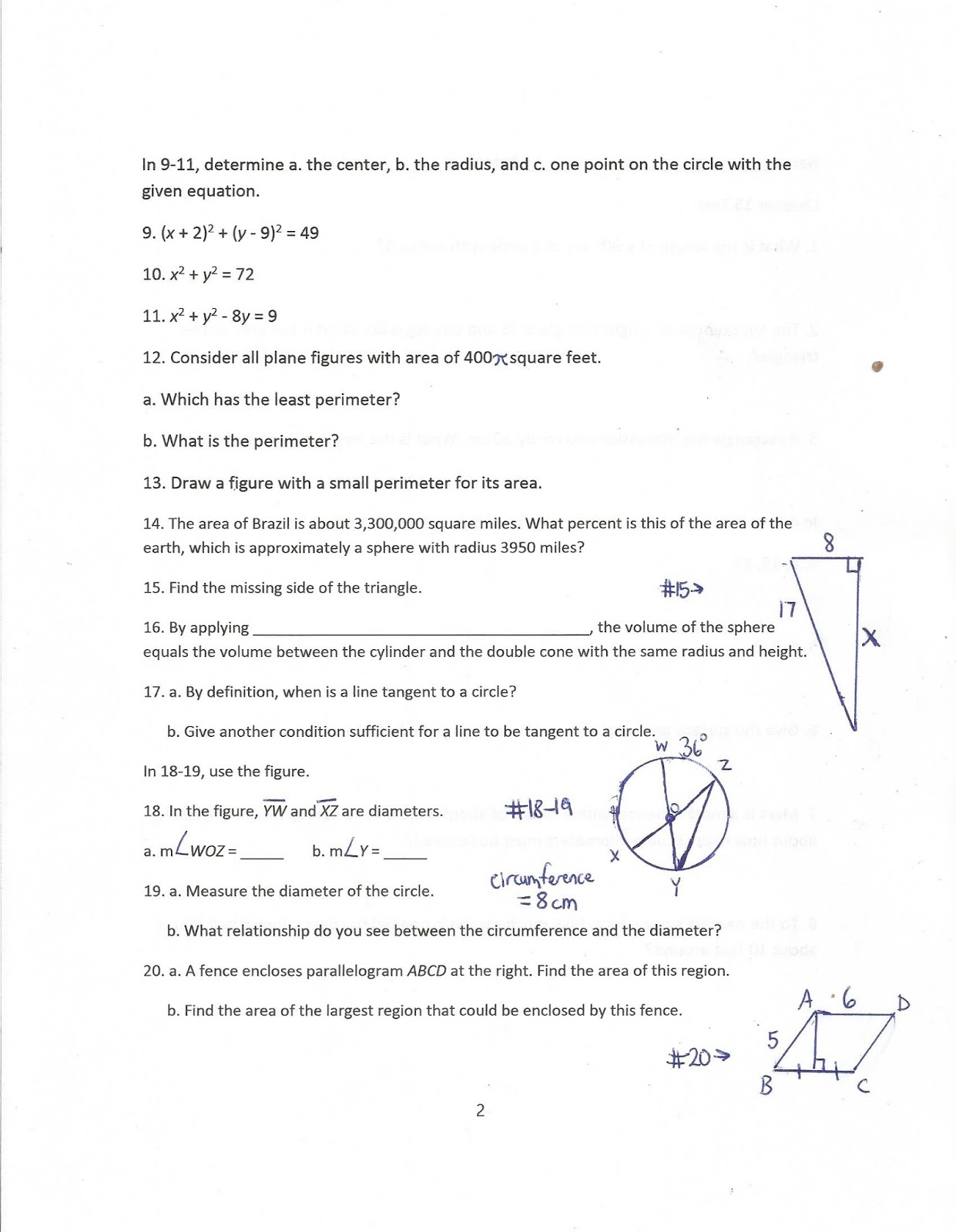 Geometry, Common Core Style: Chapter 15 Test (Day 160)