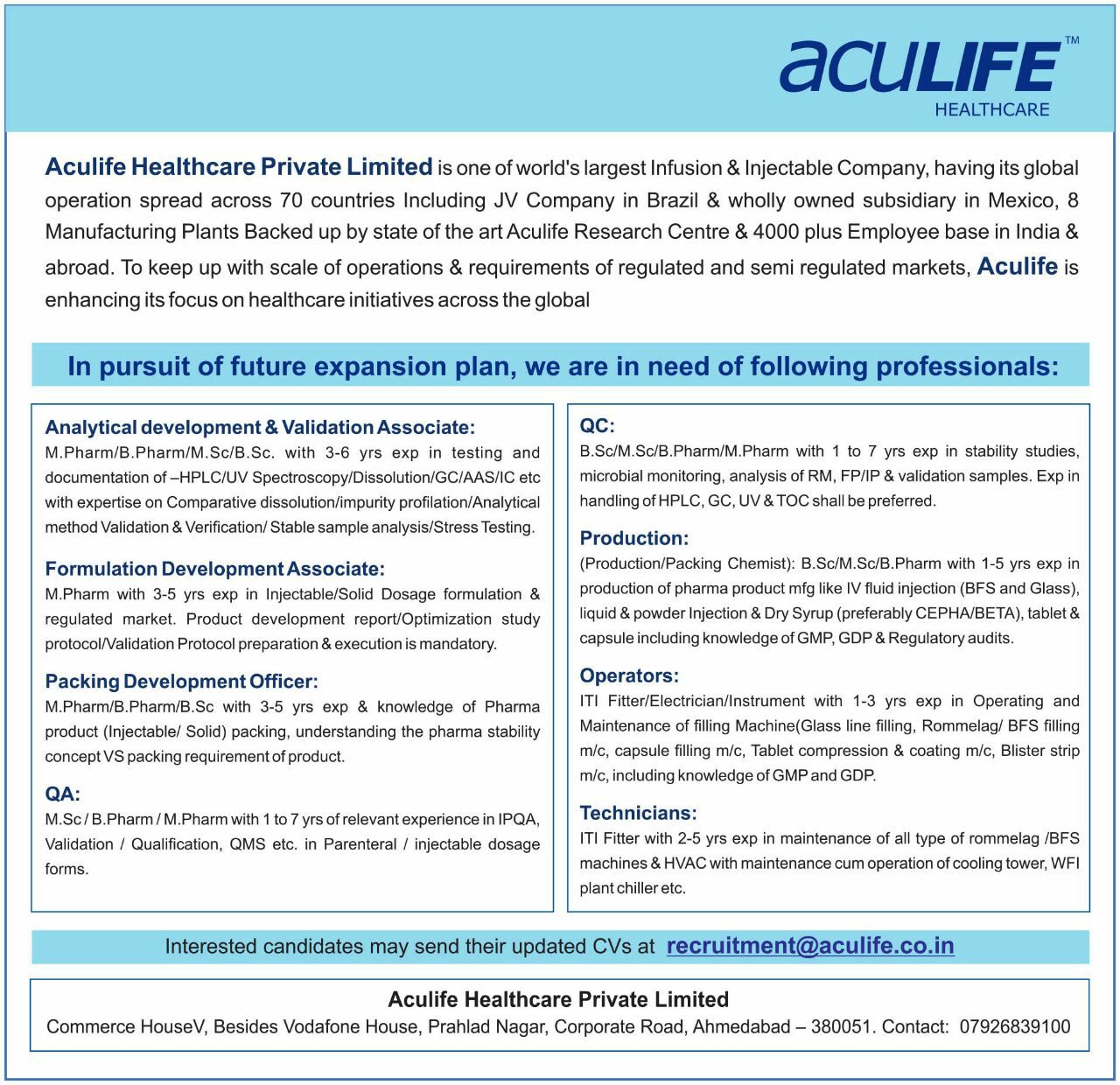 Global Pharma News: MULTIPLE VACANCY IN ACULIFE HEALTHCARE PVT LTD ...
