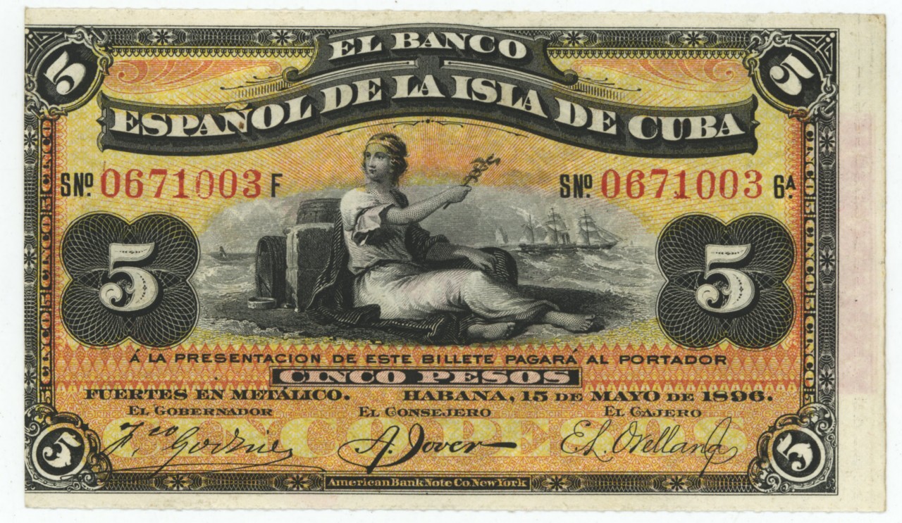 Cuba 5 Pesos banknote of 1896 El Banco Espanol de la Isla de Cuba|World ...