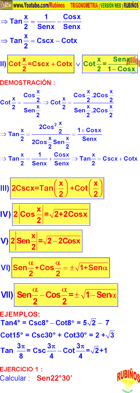 IDENTIDADES DEL ANGULO MITAD EJERCICIOS RESUELTOS DE TRIGONOMETRIA PDF