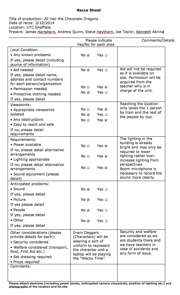 Unit 46 Audio Visual Promos: Recce Sheets (LO2)