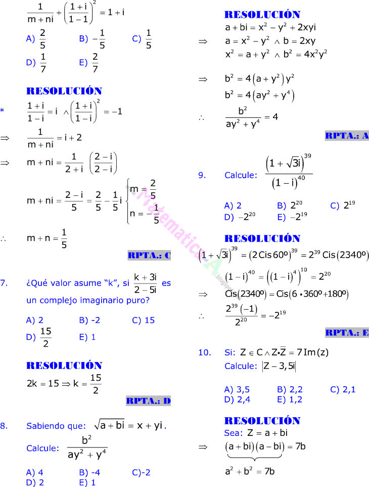 NÚMEROS COMPLEJOS EJERCICIOS RESUELTOS ~ MATEMATICAS PROBLEMAS RESUELTOS