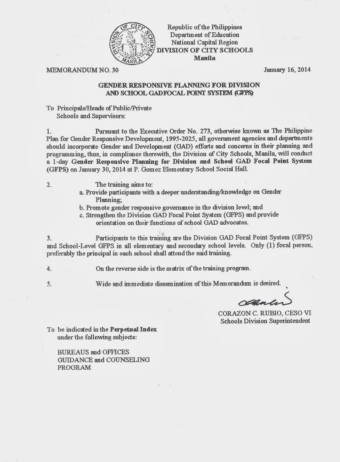 Department of Education Manila: Division Memorandum No. 30 - GENDER ...