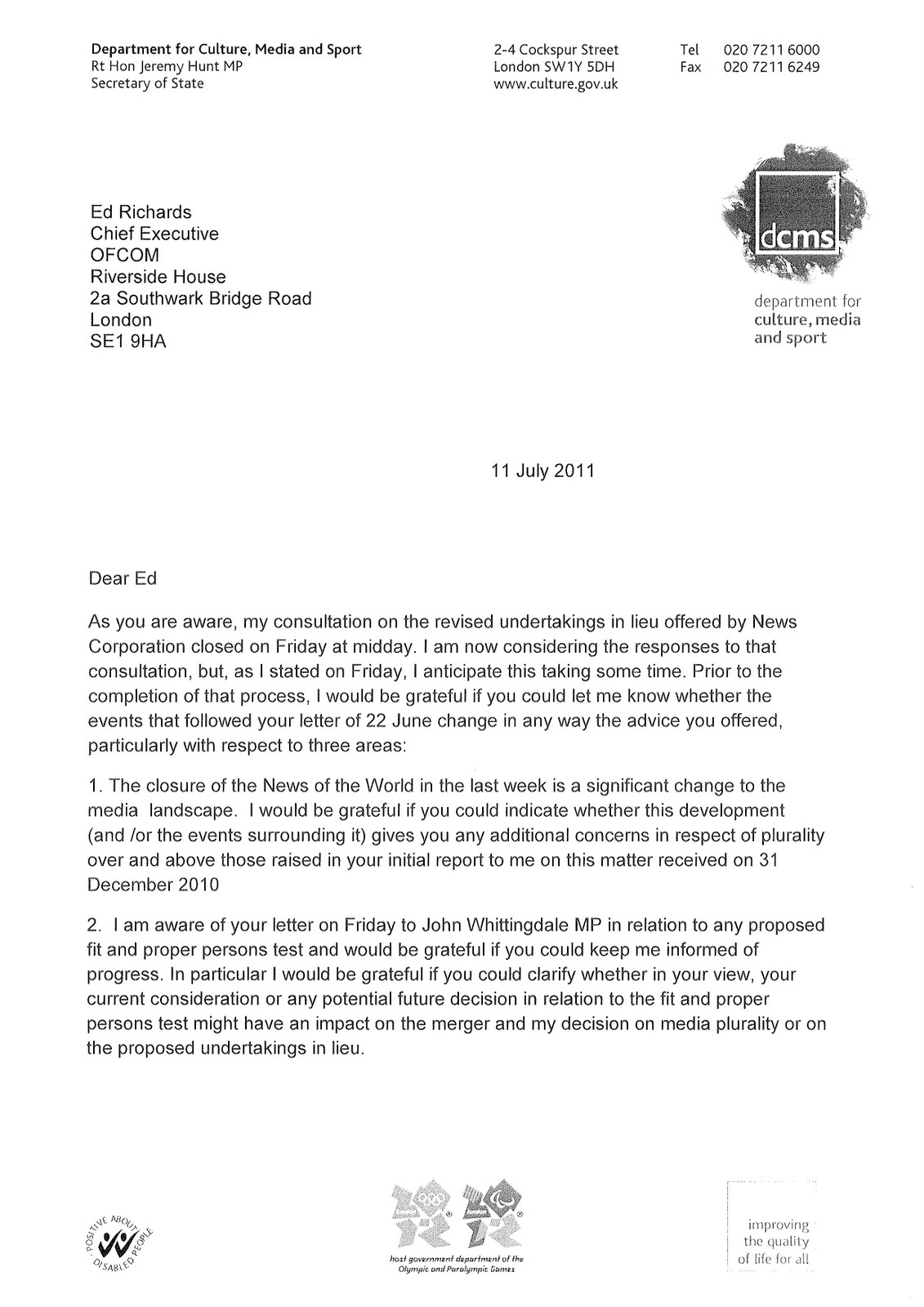 LOBBYDOG: Jeremy Hunt's full letter to Ofcom chief...