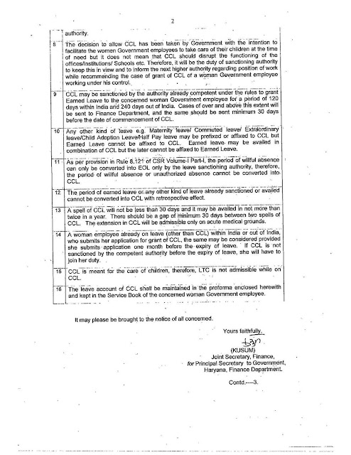 Child Care Leave (CCL) & other Leave Rules and letter - Teacher Haryana ...